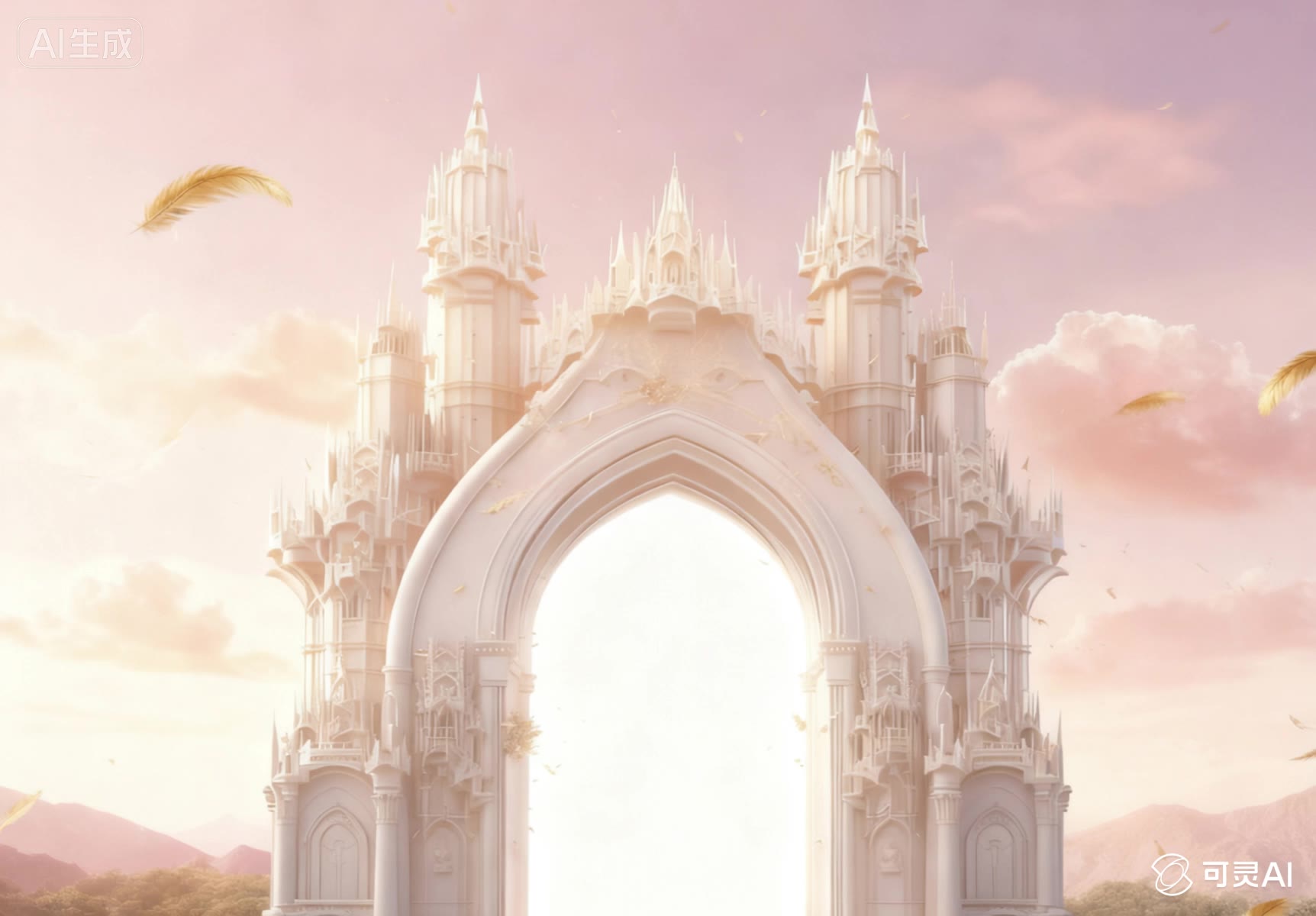 白色城堡拱门变花拱门镜头推进进入场景 | AI Video